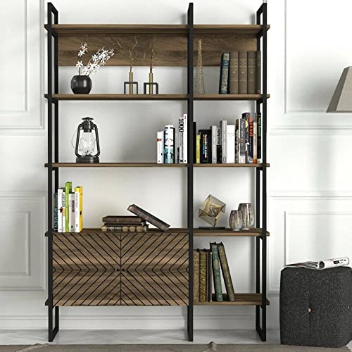 Industrial Modern Bookcase with 2 Doors 5 Shelves, Wide Tall Book Display Shelves with Cabinet, Rustic Brown Furniture for Living Room Bedroom and Office, Standing Wooden Bookshelves with Metal Frame