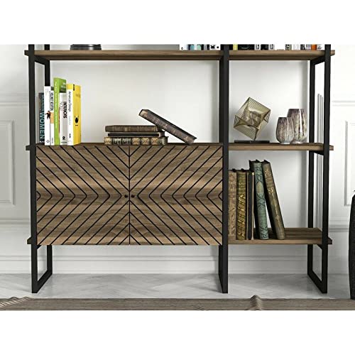 Industrial Modern Bookcase with 2 Doors 5 Shelves, Wide Tall Book Display Shelves with Cabinet, Rustic Brown Furniture for Living Room Bedroom and Office, Standing Wooden Bookshelves with Metal Frame