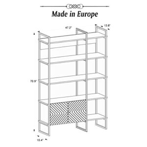 Industrial Modern Bookcase with 2 Doors 5 Shelves, Wide Tall Book Display Shelves with Cabinet, Rustic Brown Furniture for Living Room Bedroom and Office, Standing Wooden Bookshelves with Metal Frame