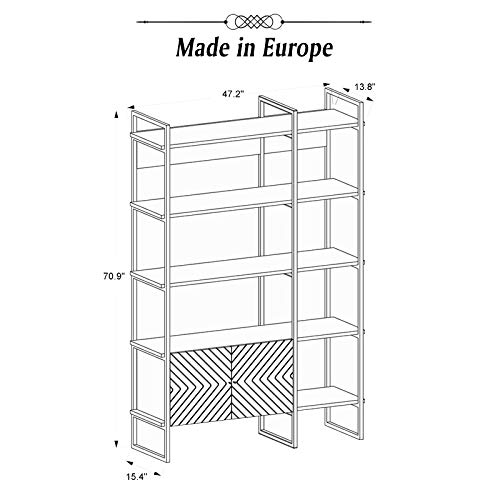 Industrial Modern Bookcase with 2 Doors 5 Shelves, Wide Tall Book Display Shelves with Cabinet, Rustic Brown Furniture for Living Room Bedroom and Office, Standing Wooden Bookshelves with Metal Frame