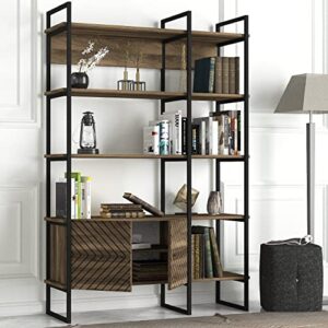 Industrial Modern Bookcase with 2 Doors 5 Shelves, Wide Tall Book Display Shelves with Cabinet, Rustic Brown Furniture for Living Room Bedroom and Office, Standing Wooden Bookshelves with Metal Frame