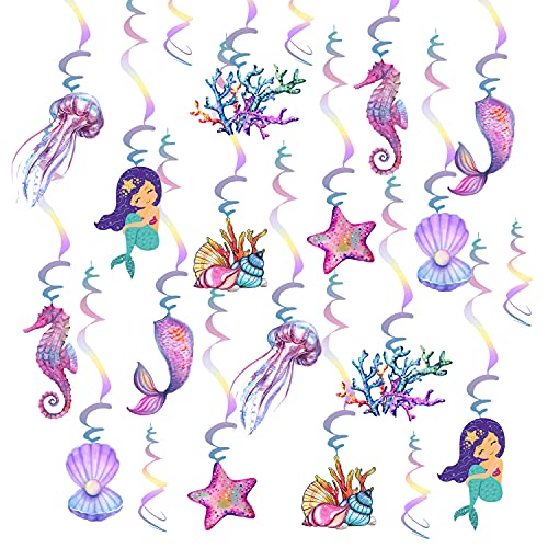 UOMNICUE Mermaid Hanging Swirl Decorations,20 PCS Double Sided Print Mermaid Themed Foil Swirls Dangling Ceiling Streamers Wall Decals for Kids Girls Birthday Baby Shower Under the Sea Party Supplies