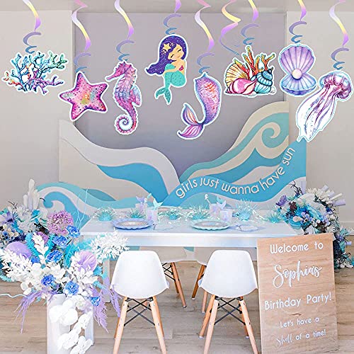 UOMNICUE Mermaid Hanging Swirl Decorations,20 PCS Double Sided Print Mermaid Themed Foil Swirls Dangling Ceiling Streamers Wall Decals for Kids Girls Birthday Baby Shower Under the Sea Party Supplies