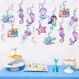 UOMNICUE Mermaid Hanging Swirl Decorations,20 PCS Double Sided Print Mermaid Themed Foil Swirls Dangling Ceiling Streamers Wall Decals for Kids Girls Birthday Baby Shower Under the Sea Party Supplies