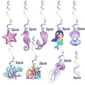 UOMNICUE Mermaid Hanging Swirl Decorations,20 PCS Double Sided Print Mermaid Themed Foil Swirls Dangling Ceiling Streamers Wall Decals for Kids Girls Birthday Baby Shower Under the Sea Party Supplies