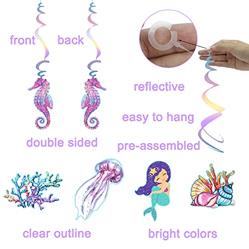 UOMNICUE Mermaid Hanging Swirl Decorations,20 PCS Double Sided Print Mermaid Themed Foil Swirls Dangling Ceiling Streamers Wall Decals for Kids Girls Birthday Baby Shower Under the Sea Party Supplies