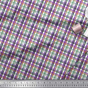 Soimoi Purple Cotton Canvas Fabric Window Pane Check Print Fabric by The Yard 56 Inch Wide