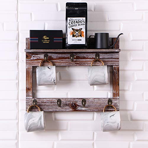 Encozy Wall Mounted Cup Rack with Shelf,Coffee Mug Holder Wood Cup Organizer with 7 Hooks (Wood)