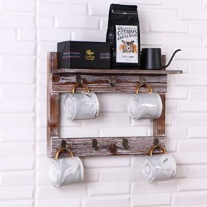 Encozy Wall Mounted Cup Rack with Shelf,Coffee Mug Holder Wood Cup Organizer with 7 Hooks (Wood)