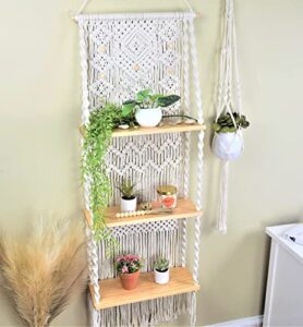 macrame wall hanging shelf-ideal décor-plants storage bookshelf-bohemian decorative shelves-boho floating indoor shelving–for bedroom kitchen bathroom room with window plant hanger 3 tier diamond