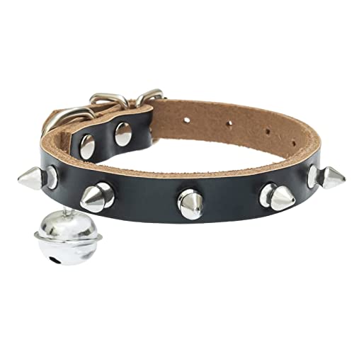 Genuine Leather Cat Collar with Bells - Studded Cat Collar with Spikes Soft and Strong Real Leather Made, Adjustable for Small Dogs Puppy Cats