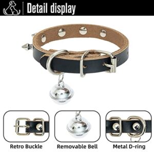 Genuine Leather Cat Collar with Bells - Studded Cat Collar with Spikes Soft and Strong Real Leather Made, Adjustable for Small Dogs Puppy Cats