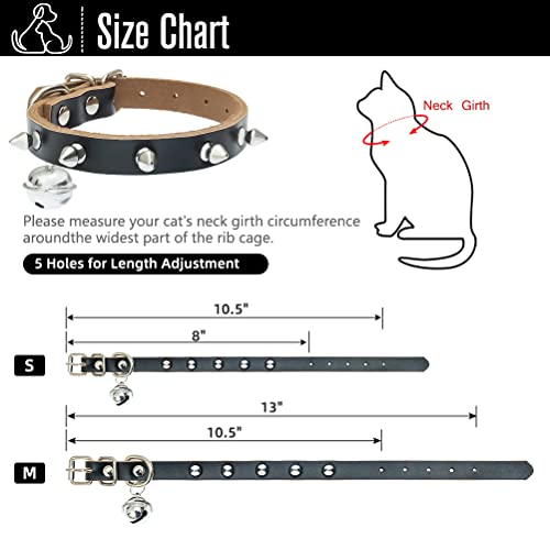 Genuine Leather Cat Collar with Bells - Studded Cat Collar with Spikes Soft and Strong Real Leather Made, Adjustable for Small Dogs Puppy Cats