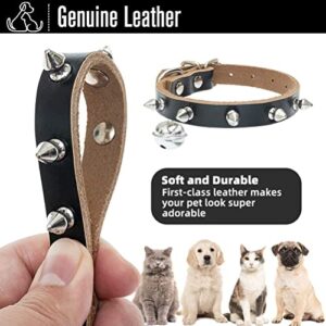 Genuine Leather Cat Collar with Bells - Studded Cat Collar with Spikes Soft and Strong Real Leather Made, Adjustable for Small Dogs Puppy Cats