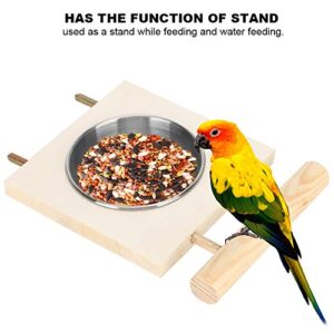 Bird Perch Stand, Stainless Steel Parrot Feeding Bowl Wooden Bird Perch Stand Food Water Feeder with Stand for Small Cockatiels Conures Parakeets Finch Single Bowl