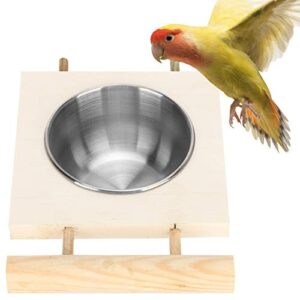 Bird Perch Stand, Stainless Steel Parrot Feeding Bowl Wooden Bird Perch Stand Food Water Feeder with Stand for Small Cockatiels Conures Parakeets Finch Single Bowl