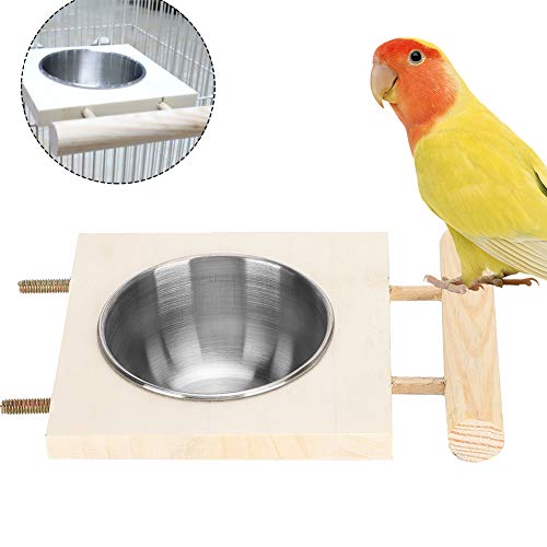 Bird Perch Stand, Stainless Steel Parrot Feeding Bowl Wooden Bird Perch Stand Food Water Feeder with Stand for Small Cockatiels Conures Parakeets Finch Single Bowl