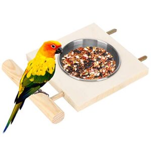 Bird Perch Stand, Stainless Steel Parrot Feeding Bowl Wooden Bird Perch Stand Food Water Feeder with Stand for Small Cockatiels Conures Parakeets Finch Single Bowl