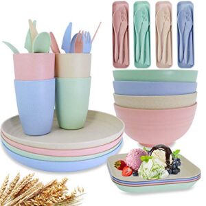 unbreakable wheat straw dinnerware sets of 4, farielyn-x lightweight bowls with plates, cups, knives, forks and spoons for camping picnic, dishwasher microwave safe plates and bowls sets, kids & adult