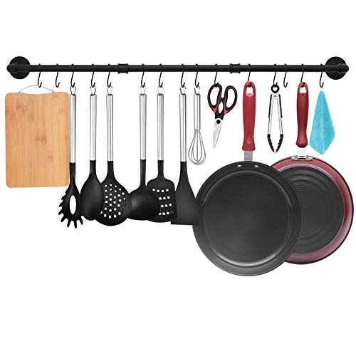 TLBTEK 50 inch Black Pipe Pot Bar Rack Wall Mounted Detachable Pans Hanging Rail Kitchen Lids Utensils Hanger Holders with 15 S Hooks