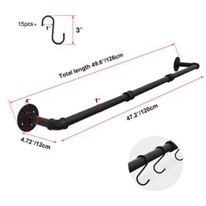 TLBTEK 50 inch Black Pipe Pot Bar Rack Wall Mounted Detachable Pans Hanging Rail Kitchen Lids Utensils Hanger Holders with 15 S Hooks