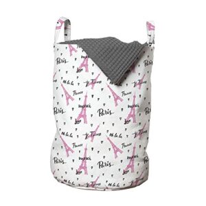 lunarable eiffel tower laundry bag, france paris oh la la eiffel tower hearts calligraphy doodle style artwork, hamper basket with handles drawstring closure for laundromats, 13" x 19", pink black