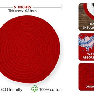 Cotton Round Woven Coasters Drink - Handmade Braided Cup Coasters Absorbent Woven Coasters Hot Pads Mats for Drink Home Kitchen Heat-Resistant Reusable Non-Slip (8 pcs red)