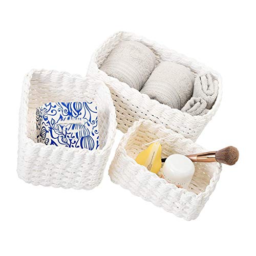 HQBL Woven Storage Baskets Set of 3, Recycled Paper Rope Bin Organizer Shelf for Cupboards Decorative Home Closet Drawer Dresser,Perfect for Storing Small Household Items