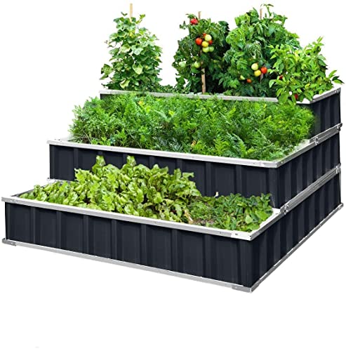 KING BIRD 3 Tiers Raised Garden Bed Dismountable Frame Galvanized Steel Metal Patio Garden Elevated Planter Box 46’’x46’’x23.6’’ for Growing Vegetables Flower (Dark Grey)