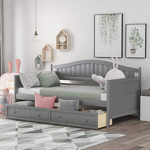 cjc Twin Daybed with 2 Storage Drawers, Wooden Storage Daybed Frame with Slats, Sofa Bed for Bedroom Living Room, 275 lbs Weight Limits (Gray)