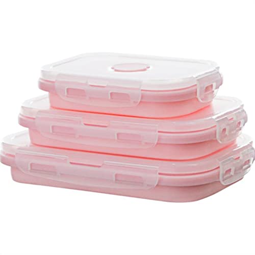 Set of 3 Collapsible Silicone Food Storage Container, Leftover Meal box For Kitchen, Bento Lunch Boxes, BPA Free, Microwave, Dishwasher and Freezer Safe, Foldable Thin box Design (Pink)