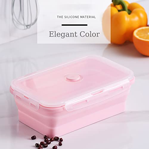 Set of 3 Collapsible Silicone Food Storage Container, Leftover Meal box For Kitchen, Bento Lunch Boxes, BPA Free, Microwave, Dishwasher and Freezer Safe, Foldable Thin box Design (Pink)