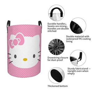 ZHANGJQ Pink Hello Kitty Laundry Hamper Laundrys Basket Large Waterproof Drawstring Foldable with Handles 48L Round Storage Bag,Bathroom/Bedroom/Dorm