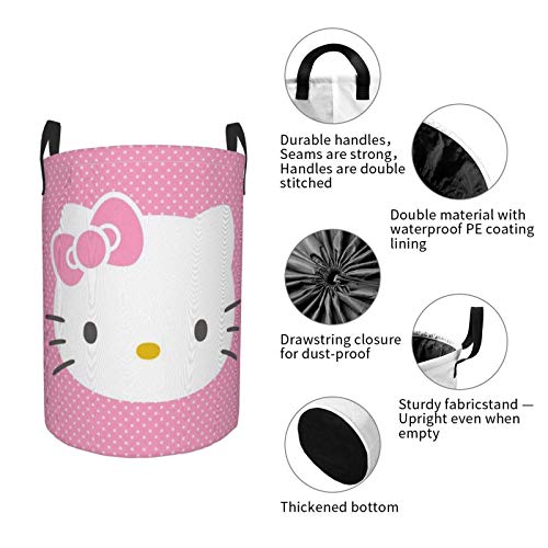 ZHANGJQ Pink Hello Kitty Laundry Hamper Laundrys Basket Large Waterproof Drawstring Foldable with Handles 48L Round Storage Bag,Bathroom/Bedroom/Dorm