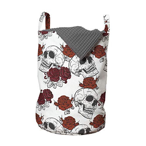 Ambesonne Skull Laundry Bag, Retro Gothic Dead Head Skeleton with Roses Halloween Theme Spooky Trippy Romantic, Hamper Basket with Handles Drawstring Closure for Laundromats, 13" x 19", Grey