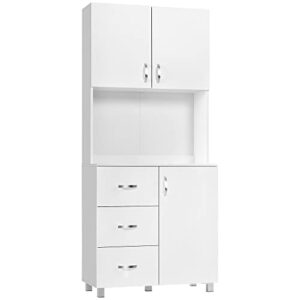 homcom freestanding kitchen pantry, buffet with hutch storage organizer with 2 door cabinets, 3 drawers and open countertop, adjustable shelf, white