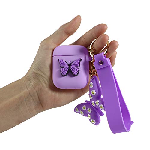 Heniu for Airpod Case, 3D Butterfly Silicone Airpods Case Cute Cover with Keychain Compatible for Apple Airpods 2&1 Charging Case-Purple