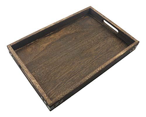 14 Inches Wooden Serving Tray with Handles, Rustic Paulownia Wood Coffee Table Tray