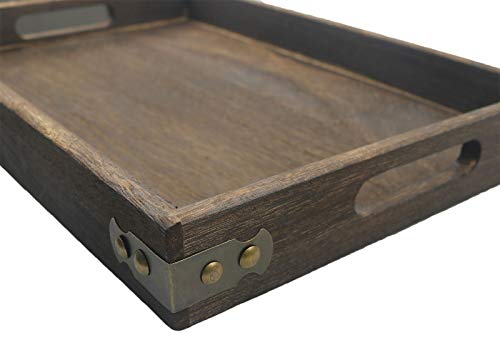 14 Inches Wooden Serving Tray with Handles, Rustic Paulownia Wood Coffee Table Tray