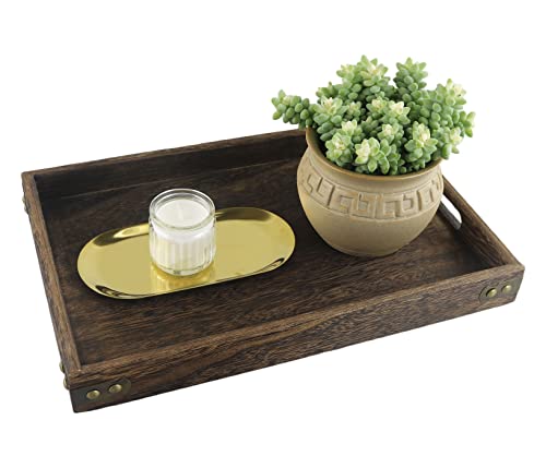 14 Inches Wooden Serving Tray with Handles, Rustic Paulownia Wood Coffee Table Tray