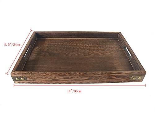 14 Inches Wooden Serving Tray with Handles, Rustic Paulownia Wood Coffee Table Tray