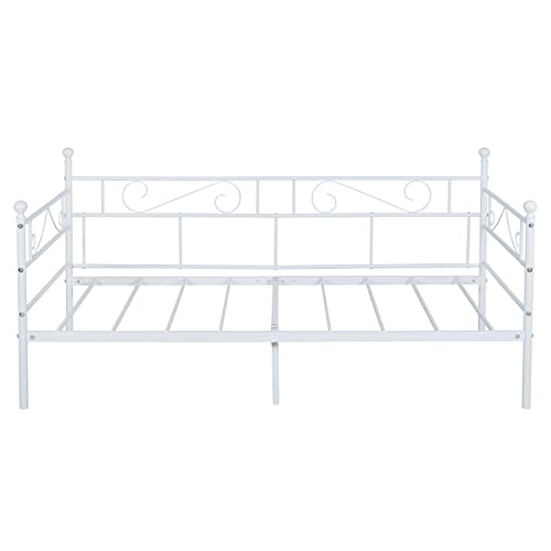 DORAFAIR Daybed Frame Twin Size with Headboard Storage Metal Steel Slates White Platform Bed Base Mattress Foundation Bed Sofa No Box Spring Replacement for Living Room Guest Room