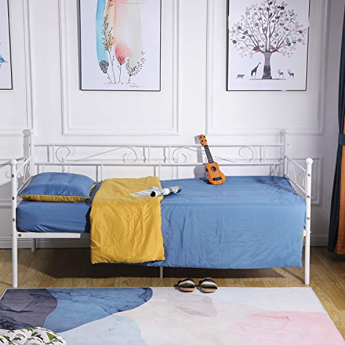 DORAFAIR Daybed Frame Twin Size with Headboard Storage Metal Steel Slates White Platform Bed Base Mattress Foundation Bed Sofa No Box Spring Replacement for Living Room Guest Room