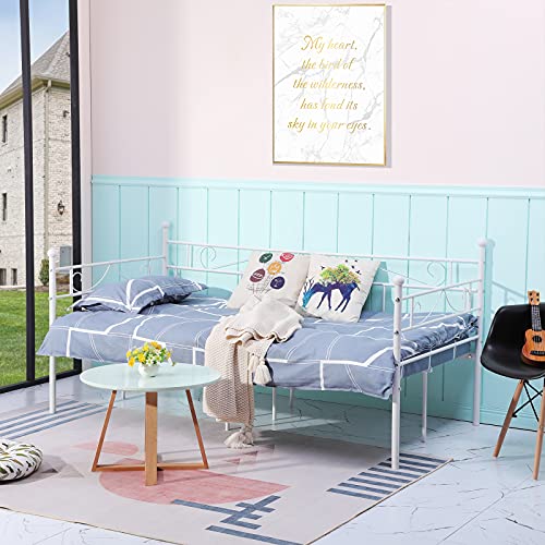 DORAFAIR Daybed Frame Twin Size with Headboard Storage Metal Steel Slates White Platform Bed Base Mattress Foundation Bed Sofa No Box Spring Replacement for Living Room Guest Room