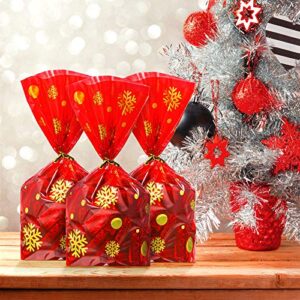 Outus 50 Pieces Christmas Favor Bags Snowflake Pattern Treat Bags Flat Cellophane Plastic Party Bags for Bakery, Popcorn, Cookies, Candies and Dessert with 100 Pieces Twist Ties (Red with Gold)