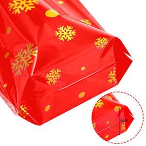 Outus 50 Pieces Christmas Favor Bags Snowflake Pattern Treat Bags Flat Cellophane Plastic Party Bags for Bakery, Popcorn, Cookies, Candies and Dessert with 100 Pieces Twist Ties (Red with Gold)