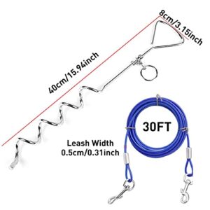 Dog Tie Out Cable and Stake, 30ft Outside Dog Leash&Chain for Camping and Yard, 16'' Heavy Duty Anti Rust Spiral Stake for Medium-Large Dogs Up to 125 lbs (30FT, Blue)