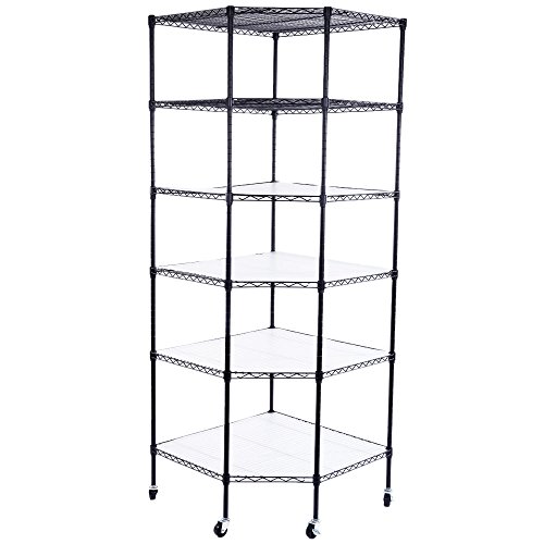 WEI WEI GLOBAL 6 Tiers Polygonal Corner Shelf, Metal Storage Standing Rack w/Wheels, Wire Shelving Unit for Kitchen, Garage and Living Room (Black)