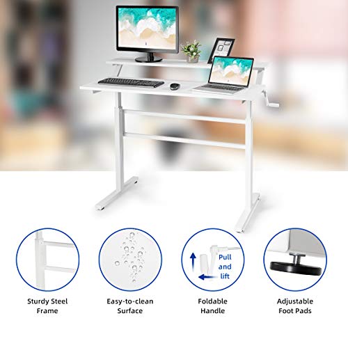 Tangkula Standing Desk, 2-Tier Height Adjustable Sit to Standing Desk, Computer Desk Workstation with Monitor Stand & Foldable Crank Handle, Ergonomic Home Office Desk (White)