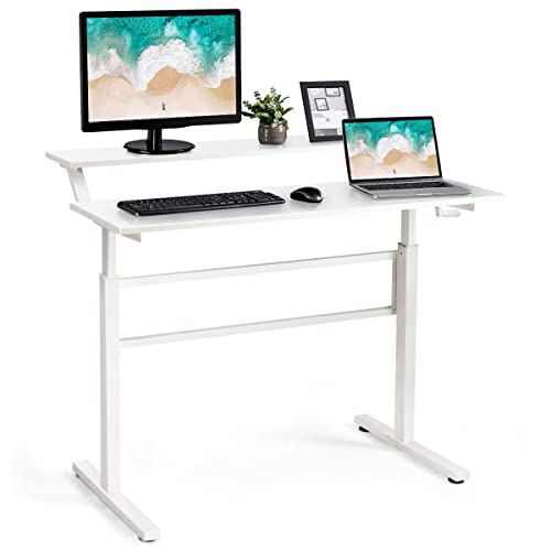 Tangkula Standing Desk, 2-Tier Height Adjustable Sit to Standing Desk, Computer Desk Workstation with Monitor Stand & Foldable Crank Handle, Ergonomic Home Office Desk (White)